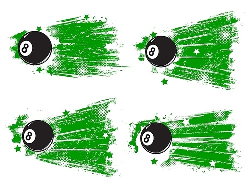Pool billiard game grunge banners. Cartoon vector black eight-ball ...