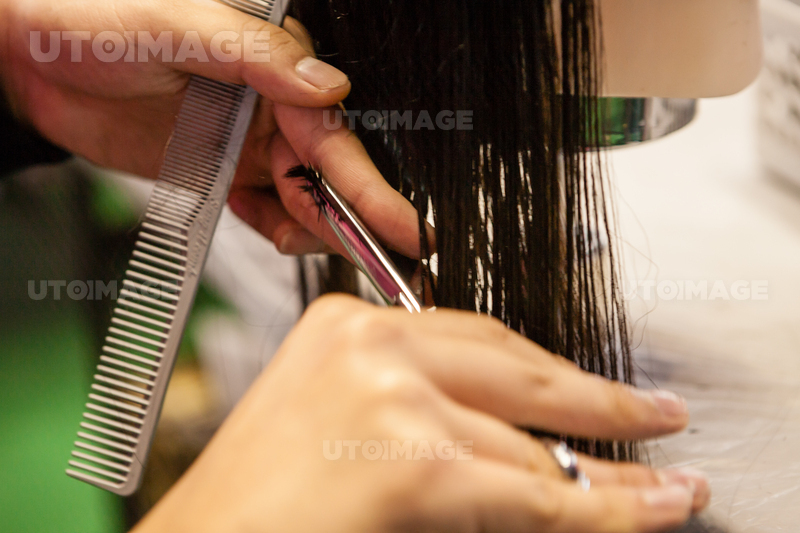 국가자격증을 취득하기위한 미용교육장에서 머리를 자르는 모습중 가위와 머리빗이 부각되는 근접촬영뷰티산업 미용실 염색 및 머리 커트 클로즈업 미용실 염색 및 머리 커트