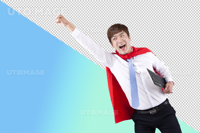 남성 직장인 취미 컨셉_슈퍼맨 포즈 PNG 누끼 | 유토이미지 | 상세페이지 | 베이직샵 | 사진 | 22079434