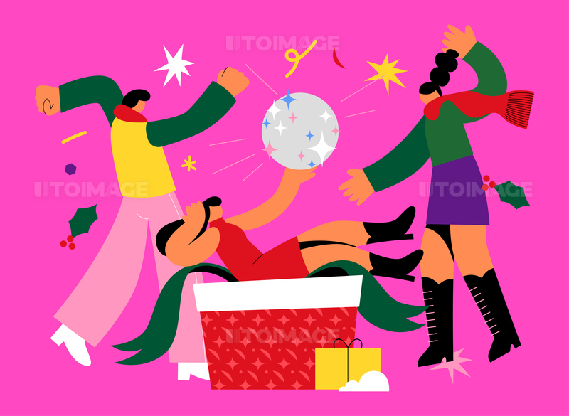미러볼을 들고 연말 파티를 즐기는 사람들이 있는 백터 일러스트 유토이미지 상세페이지 베이직샵 일러스트 22221706