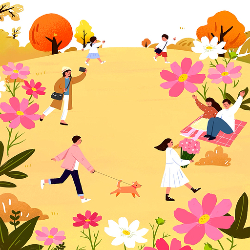 코스모스 핀 들판에서 즐기는 사람들의 모습 | 유토이미지 | 상세페이지 | 베이직샵 | 22763774