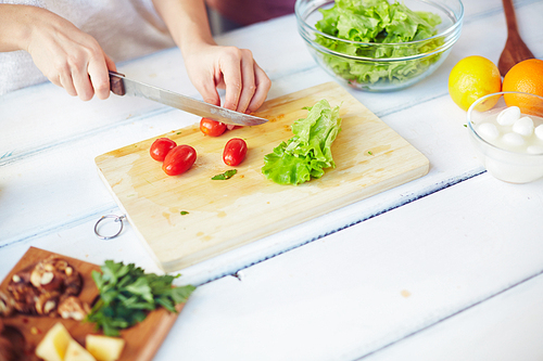 Hands of female cutting ingredients for Greek salad | 유토이미지 | 상세페이지 ...