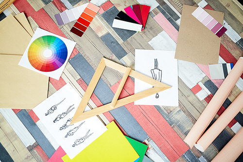 유토이미지 | Creative space of designer: high angle view of colorful desk ...
