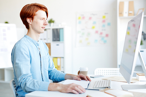 유토이미지 | Serious redhead male graphic designer in blue shirt working in ...