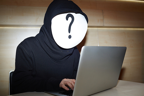 Waist-up portrait of anonymous hacker in black hoodie and white mask ...