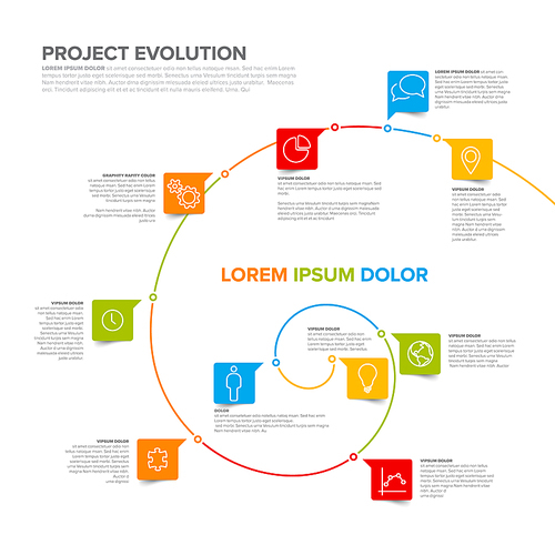 Project evolution timeline template with spiral model and icons - white ...