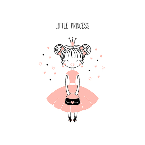 Hand drawn vector illustration of a cute little princess in a pink ...