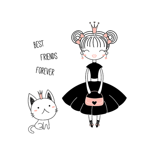Hand drawn vector illustration of a cute little princess in a black ...