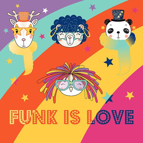 Set of hand drawn portraits of cute funny cartoon animals in funky hats ...