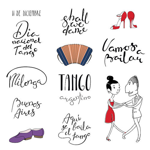 Set of hand written tango quotes, design elements, tr. from Spanish ...