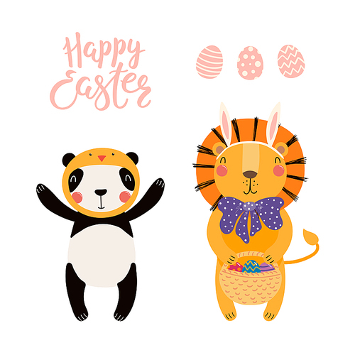 Hand drawn vector illustration of a cute lion in bunny ears, panda in ...