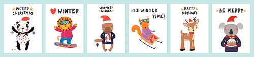 Collection of greeting cards with cute animals doing winter, Christmas ...