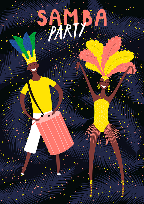 Hand drawn vector illustration with dancing people in bright costumes ...