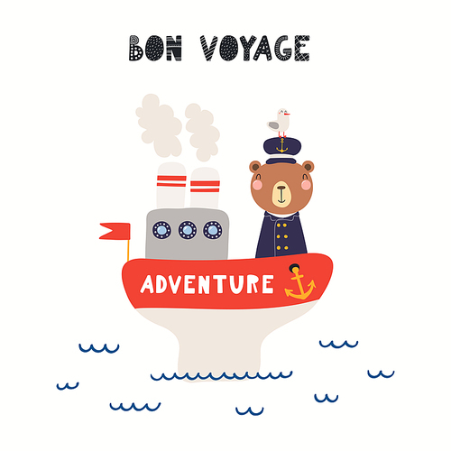 Cute bear sailor on ship, sea waves, seagull, text Bon voyage, isolated ...
