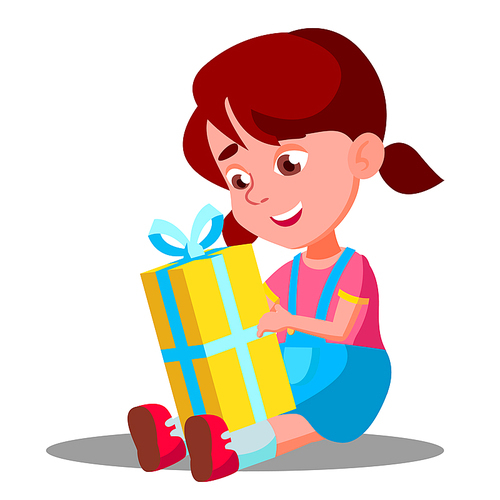 유토이미지 | Little Girl Opening Gift Christmas Box Vector. Illustration