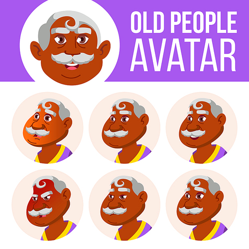 Indian Old Man Avatar Set Vector. Face Emotions. Hindu. Asian. Senior ...