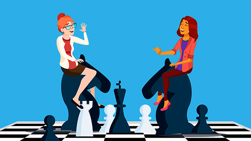 Business Competition Vector. Business Woman Riding Chess Horses Black ...