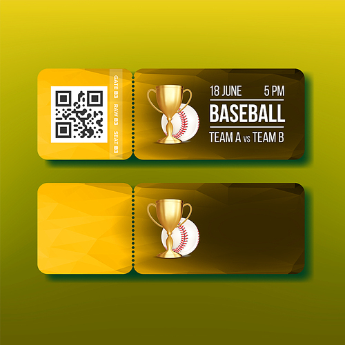 ticket with tear-off on baseball vector. golden goblet, white game ball ...