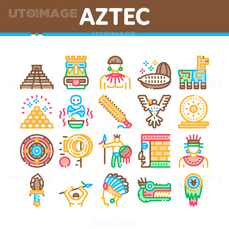 Aztec Civilization Collection Icons Set Vector. Aztec Antique Pyramid ...