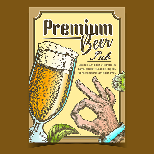 Premium Beer Pub Tavern Advertising Poster Vector. Foamy Beer Glass ...