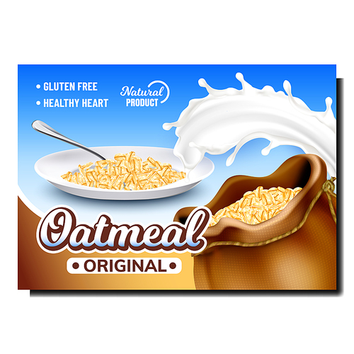 Oatmeal Breakfast Bright Promotional Poster Vector. Oatmeal And Spoon ...