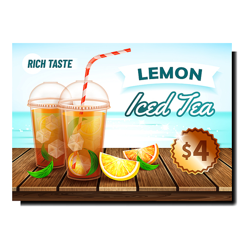 Lemon Iced Tea Creative Promotional Poster Vector. Citrus Cut Pieced ...