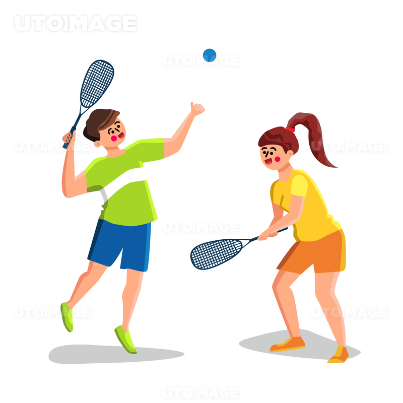 Squash Game Playing Young Man And Woman Vector. Athlete Boy And Girl ...