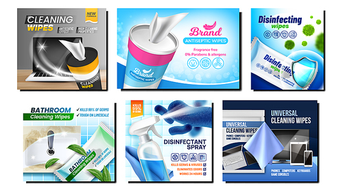 Cleaning Wipes Creative Promo Posters Set Vector. Cleaning Wipes Blank ...