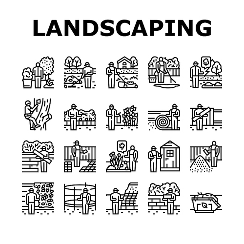 garden landscape lawn landscaping icons set vector. grass backyard ...