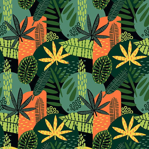 Abstract seamless pattern with tropical leaves. Hand draw texture ...