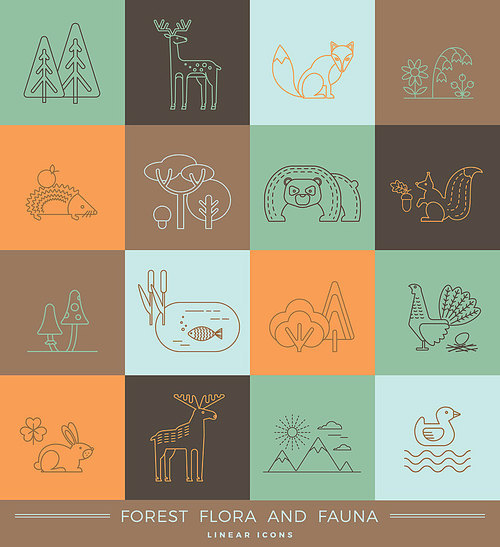 유토이미지 | Vector linear icons of forest flora and fauna. Trendy design ...