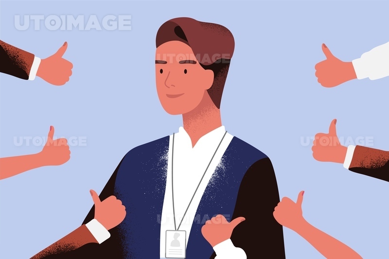 Smiling businessman or office worker surrounded by hands demonstrating ...