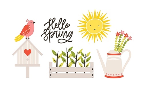 Decorative postcard template with Hello Spring phrase handwritten with ...