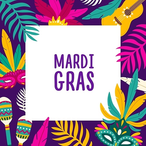 Mardi Gras background with square frame decorated by exotic palm tree ...