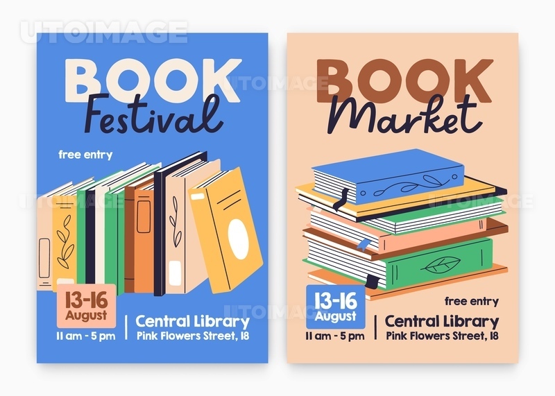 Book festival, fair ad poster designs. Promo flyer background templates ...