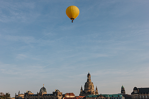 hot air balloon flying over city of Dresden, Germany | 유토이미지 | 상세페이지 ...