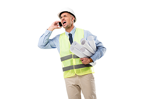 angry engineer holding blueprints, talking on smartphone and yelling ...