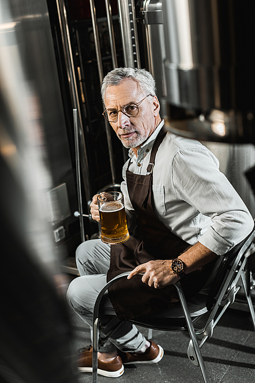 handsome brewer in apron sitting on chair and holding glass of beer in ...