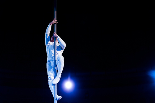 acrobat balancing while holding metallic pole in arena of circus | 유토 ...