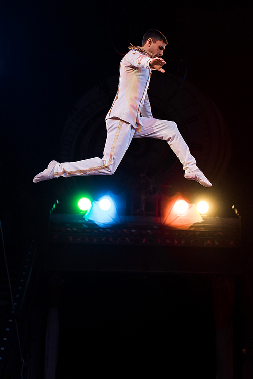 side view of flexible air acrobat flying in arena of circus | 유토이미지 ...