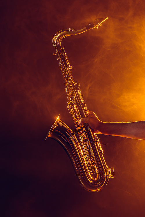 유토이미지 | close-up partial view of young musician holding saxophone in smoke
