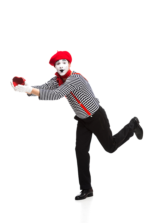 mime running with heart shaped gift box isolated on white, st ...