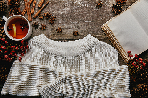 flat lay with white sweater| red holly berries| cinnamon sticks| blank ...
