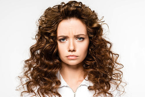 유토이미지 | attractive upset curly girl in white t-shirt, isolated on white