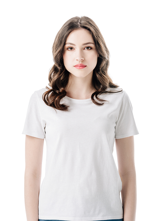 유토이미지 Beautiful Serious Girl In White T Shirt Isolated On White