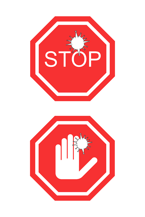coronavirus red no signs with stop word and hand isolated on white | 유토 ...