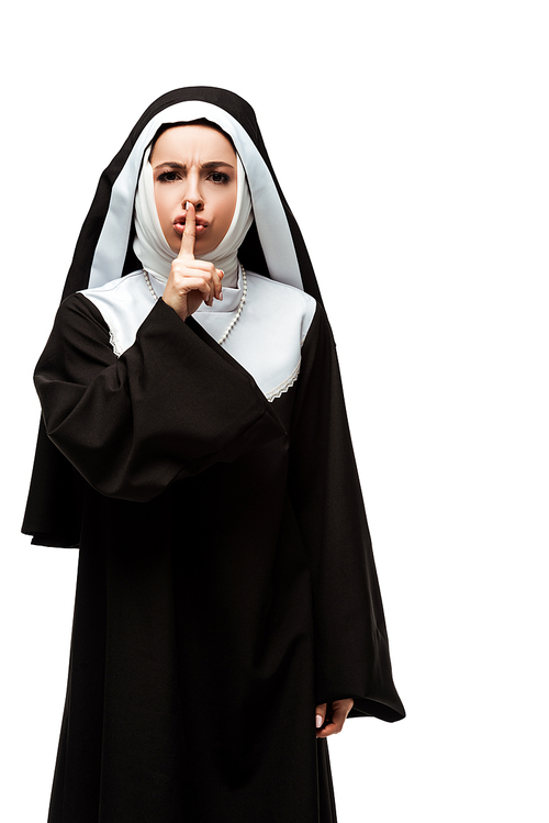 angry nun showing silence symbol, isolated on white | 유토이미지 | 상세페이지 ...