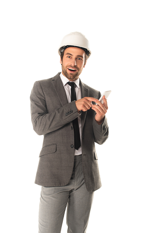 Excited engineer using smartphone isolated on white | 유토이미지 | 상세페이지 ...