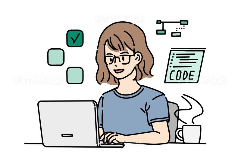 노트북으로 코딩을 하고 있는 안경을 쓴 여성 개발자 프로그래머 일러스트 유토이미지 상세페이지 베이직샵 일러스트