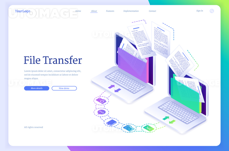 File transfer isometric landing page, digital data migration between computers. Transmission ...